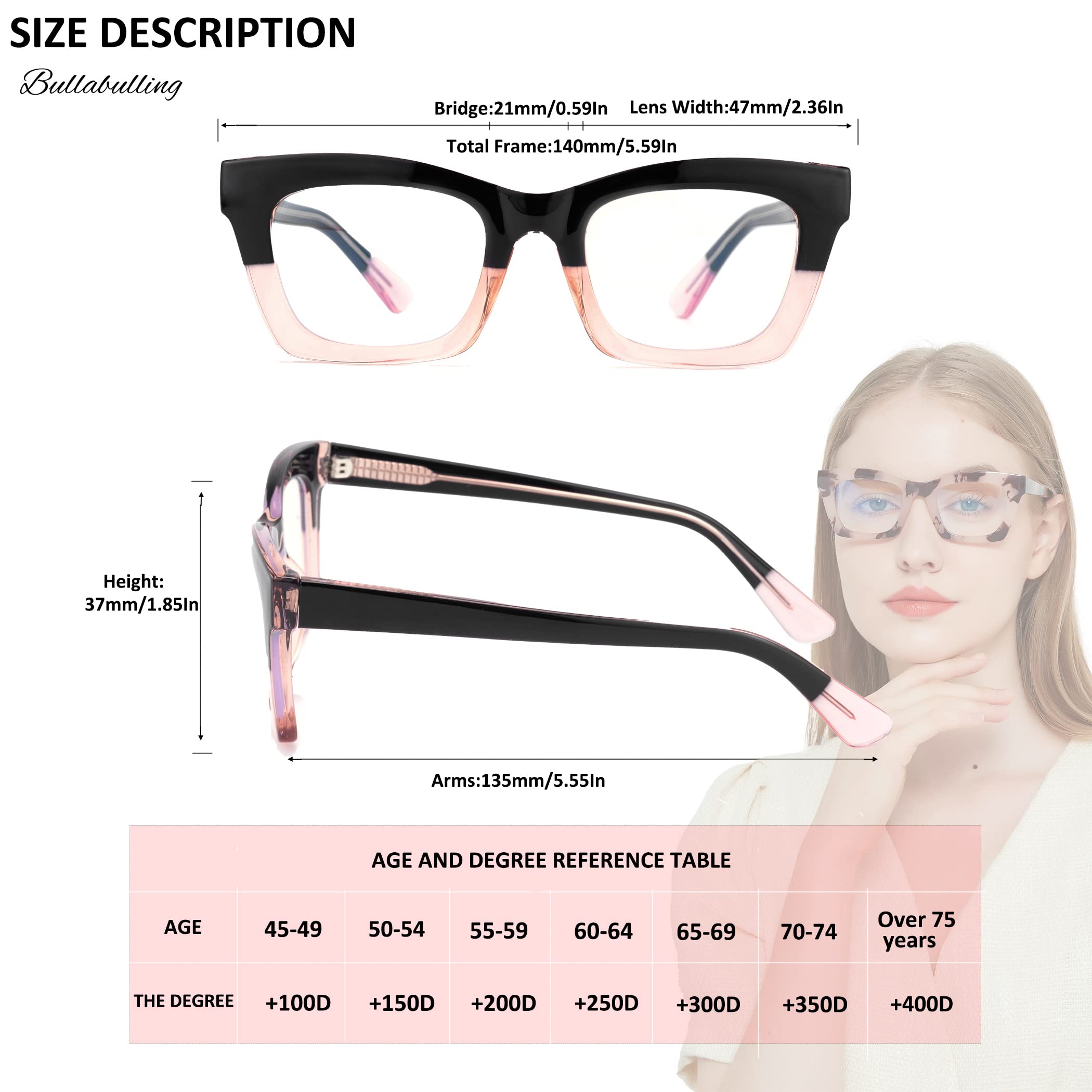 bullabulling Retro Square Reading Glasses For Women Men Fashion Oversized Frame Large lens 2.05inches (black/tortoise/blackpink, 1.5)