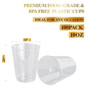 FOCUSLINE 100 Pack Clear Plastic Cups 10 oz Disposable Cups Heavy Duty Plastic Tumblers, Reusable Clear Hard Plastic Cups Tumblers for Wedding, Thanksgiving, Halloween, Christmas Party