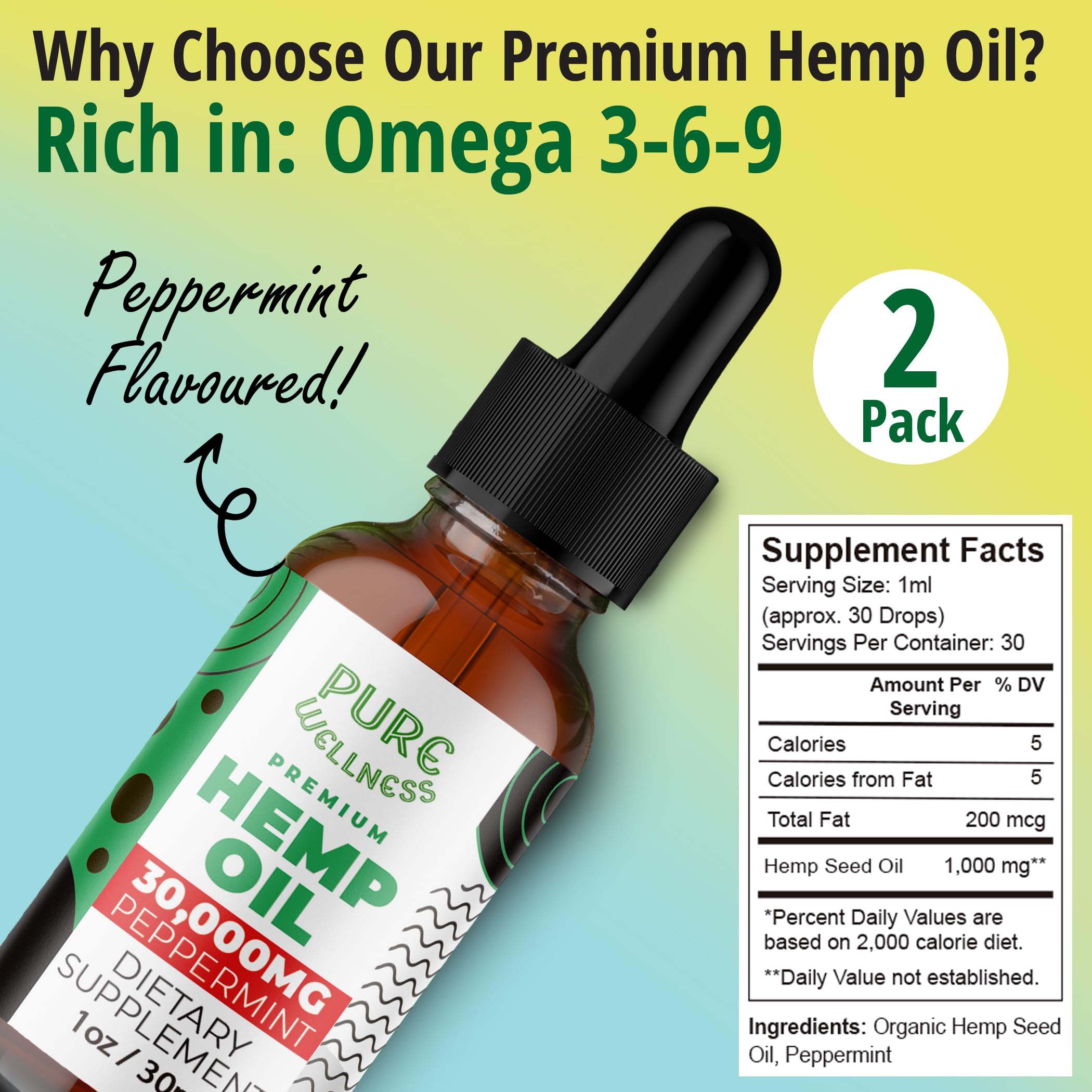 Organic Hemp Seed Oil (4 Oz), Peppermint Flavor, High Potency 30,000 mg - Natural Pain Relief, Helps Sleep, Relaxation & Mood, Transparent Hemp Oil Dosage, Non-Habit Forming - Non-GMO, Vegan