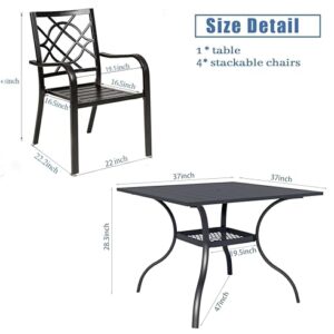 SOLAURA 5-Piece Outdoor Patio Dining Set, 4 Person Outside Table and Chairs Set, Metal Stacked Chairs of 4, Slat Table Top with 1.57" Umbrella Hole (Black)