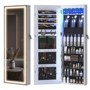 lvsomt led mirror jewelry cabinet, wall/door mount jewelry organizer armoire with lights, full length mirror with jewelry storage, over the door hanging jewelry cabinet (white)