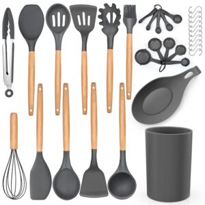 lianyu 33-piece silicone kitchen cooking utensils set with holder, wooden handle heat resistant cookware utensils set, non-stick kitchen tools for baking cooking, black gray