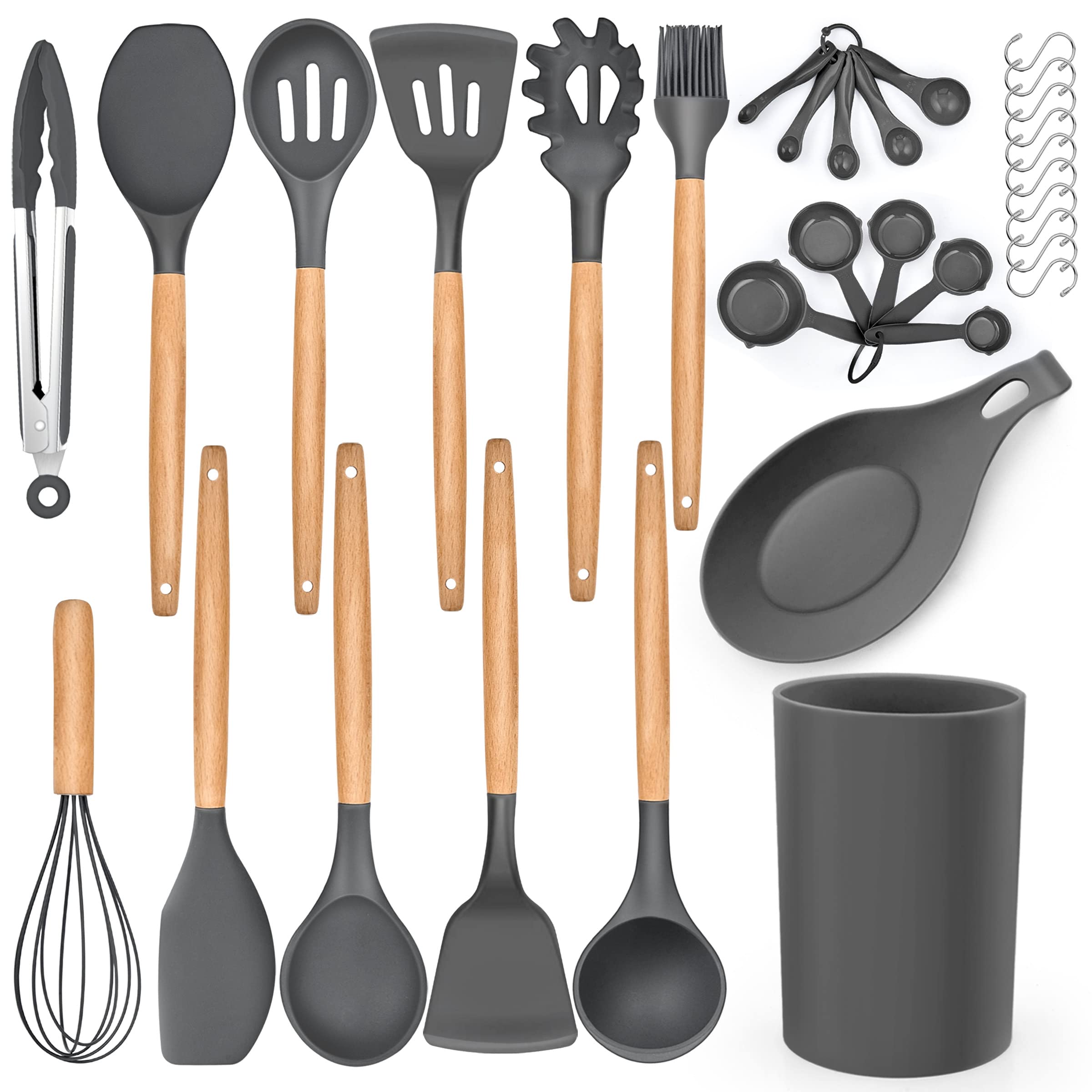 LIANYU 33-Piece Silicone Kitchen Cooking Utensils Set with Holder, Wooden Handle Heat Resistant Cookware Utensils Set, Non-Stick Kitchen Tools for Baking Cooking, Black Gray