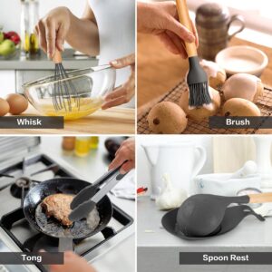 LIANYU 33-Piece Silicone Kitchen Cooking Utensils Set with Holder, Wooden Handle Heat Resistant Cookware Utensils Set, Non-Stick Kitchen Tools for Baking Cooking, Black Gray