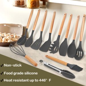 LIANYU 33-Piece Silicone Kitchen Cooking Utensils Set with Holder, Wooden Handle Heat Resistant Cookware Utensils Set, Non-Stick Kitchen Tools for Baking Cooking, Black Gray