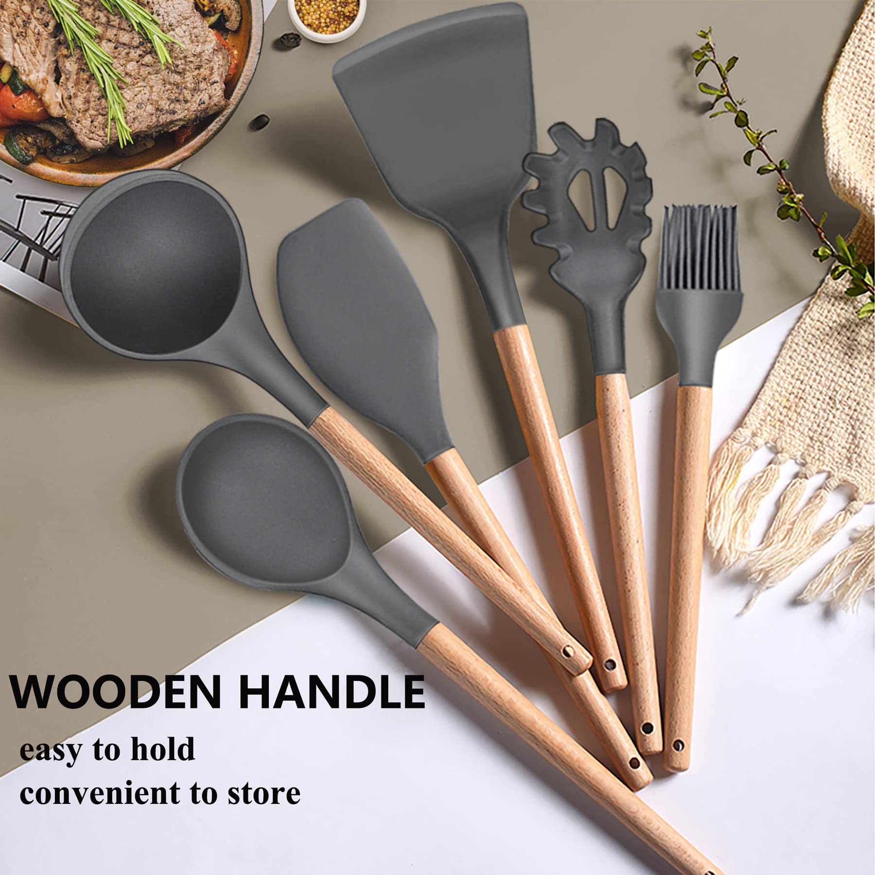 LIANYU 33-Piece Silicone Kitchen Cooking Utensils Set with Holder, Wooden Handle Heat Resistant Cookware Utensils Set, Non-Stick Kitchen Tools for Baking Cooking, Black Gray