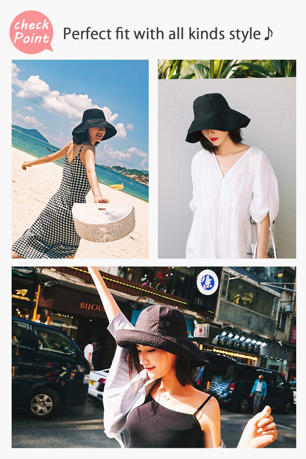 DRIONO Wide Brim Bucket Hat - UPF50+ Protection Travel Beach Sun Hat with Semi-Rigid Adjustable Foldable Brim -Black