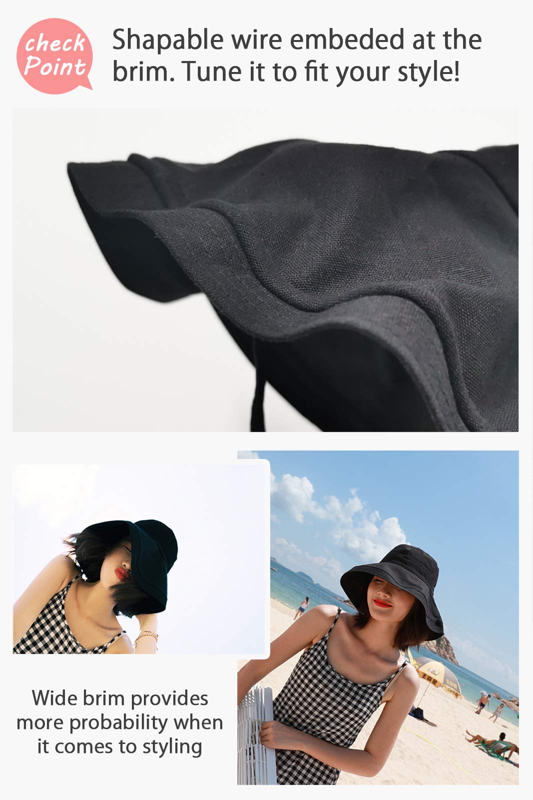 DRIONO Wide Brim Bucket Hat - UPF50+ Protection Travel Beach Sun Hat with Semi-Rigid Adjustable Foldable Brim -Black