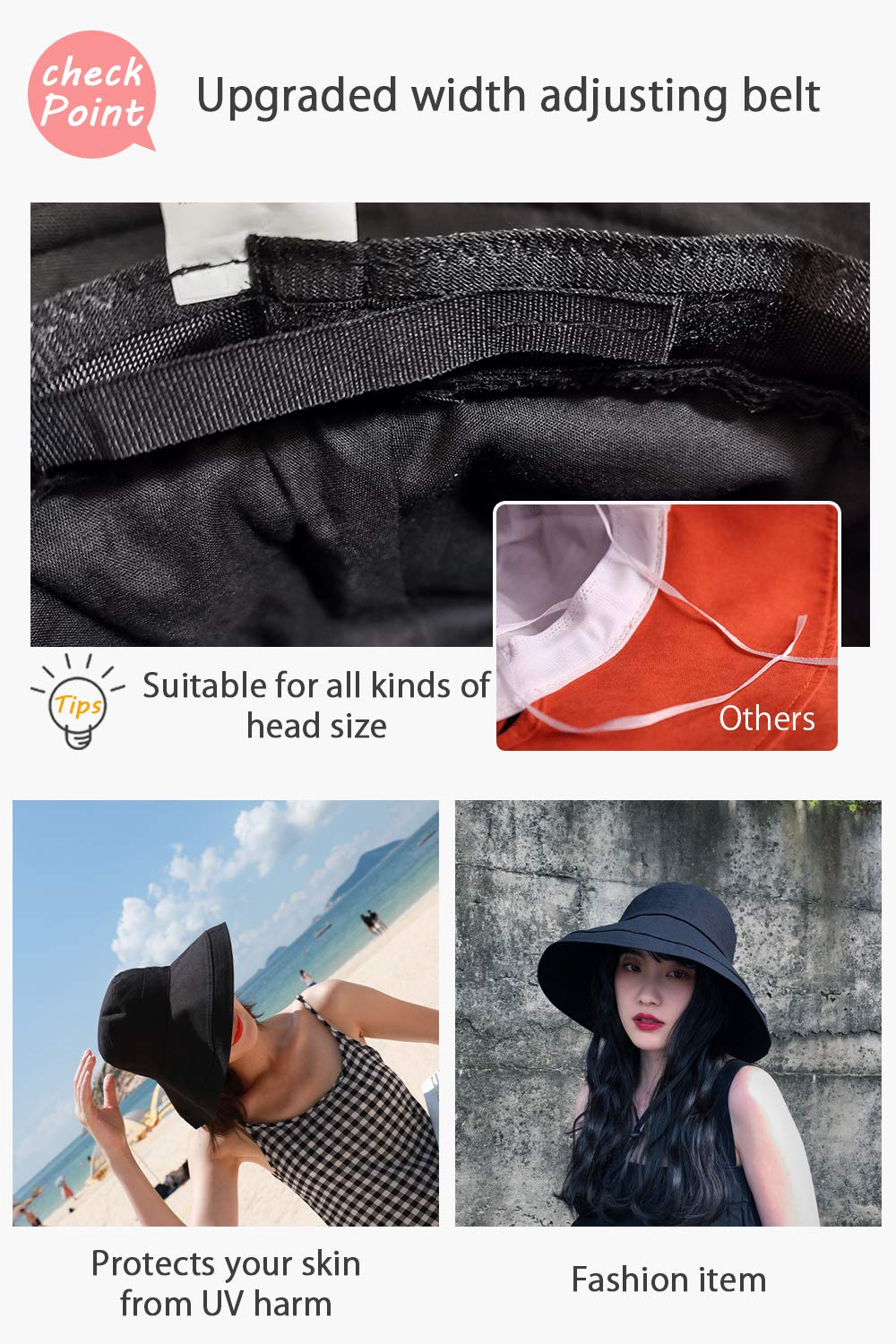 DRIONO Wide Brim Bucket Hat - UPF50+ Protection Travel Beach Sun Hat with Semi-Rigid Adjustable Foldable Brim -Black