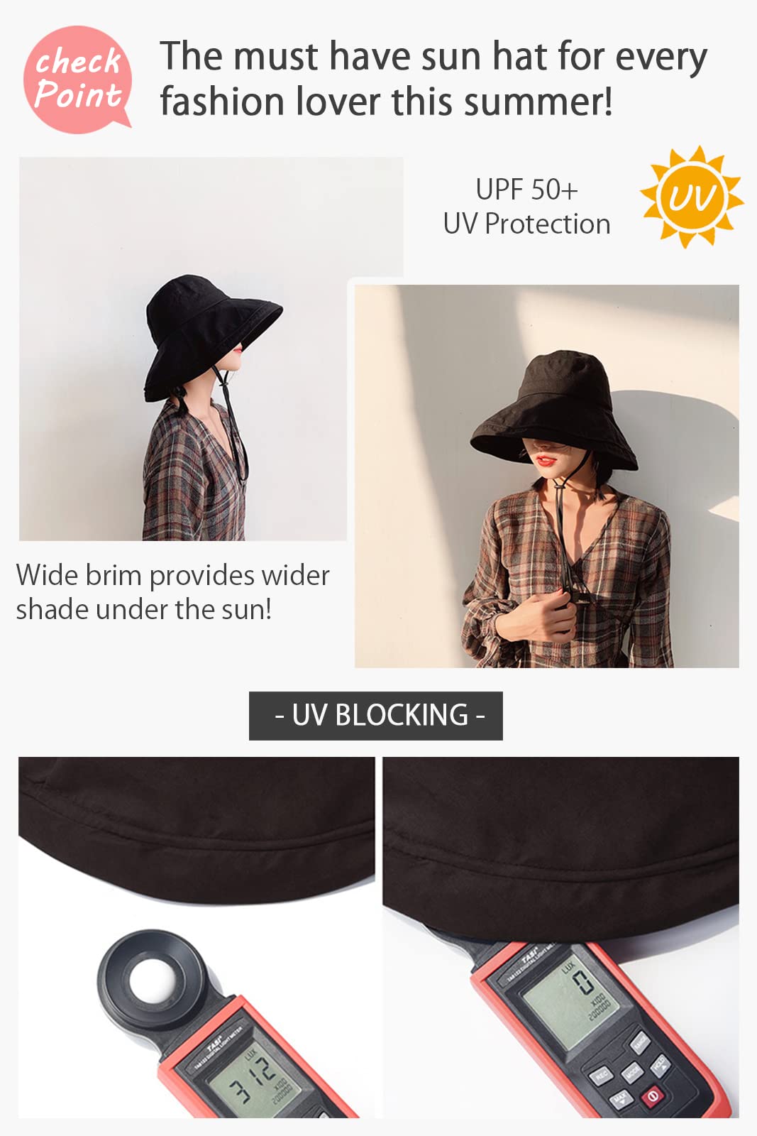 DRIONO Wide Brim Bucket Hat - UPF50+ Protection Travel Beach Sun Hat with Semi-Rigid Adjustable Foldable Brim -Black