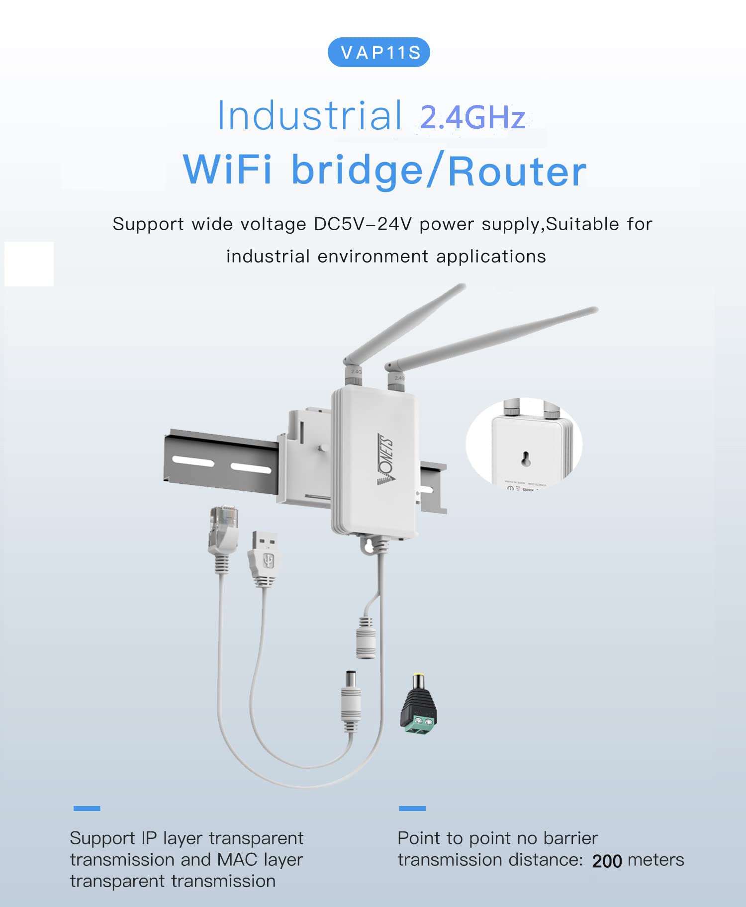 VONETS Industrial 2.4GHz WiFi Bridge Ethernet Wireless Repeater/Mini Router/WiFi Hotspot Extender/Signal Booster, USB/DC Powered, 2 RJ45 Ports for DVR, IP Camera, PLC, PS3, Network Devices VAP11S