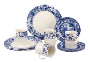 spode blue italian brocato 12 piece dinnerware set | service for 4 | dinner plate, salad plate, and mug | made of fine earthenware | microwave and dishwasher safe