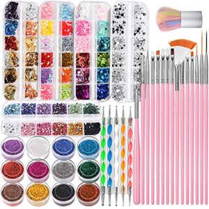 fandamei nail art kit, nail design tools kit with nail art brushes, nail dotting tools,fine glitter,nail butterfly, nail heart glitter sequins, nail foil flakes, nail art rhinestones, nail dust brush