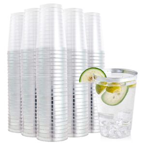 focusline 200 pack 12 oz silver rimmed plastic cups, clear plastic cups 12 ounce tumblers, heavy-duty & fancy disposable hard plastic cups with silver rim for wedding cups elegant party cups