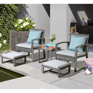 patiorama 5 piece outdoor patio wicker furniture set, all weather pe rattan chair and ottoman footstool set, w/coffee table, cushions (light grey) for garden, balcony, porch, space saving design