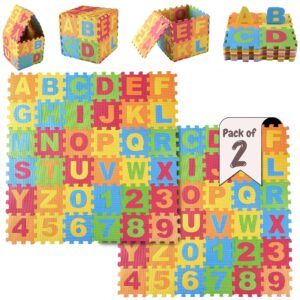 dimple kids foam play mat (72 pieces total) 6.25 x 6.25 inches interlocking alphabet and numbers floor puzzle colorful eva tiles girls, boys soft, reusable, easy to clean (2 pack of 36)