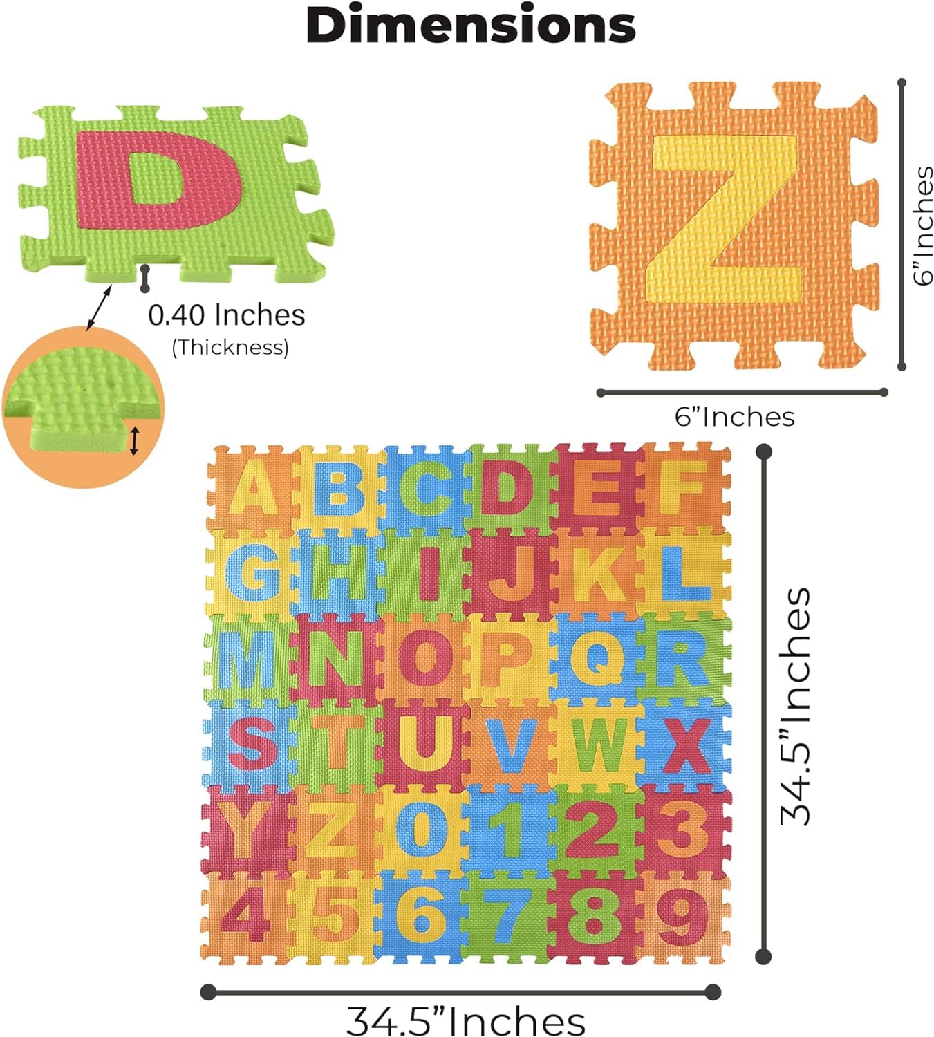 DIMPLE Kids Foam Play Mat (72 Pieces Total) 6.25 x 6.25 Inches Interlocking Alphabet and Numbers Floor Puzzle Colorful EVA Tiles Girls, Boys Soft, Reusable, Easy to Clean (2 Pack of 36)