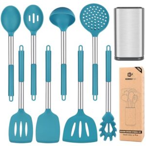 silicone cooking utensil set, 8pcs non-stick cookware with stainless steel handle, bpa free heat resistant kitchen tools with spatulas, turners, spoons, skimmer and pasta fork