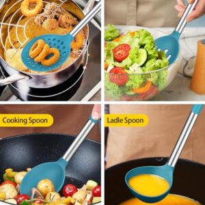 Silicone Cooking Utensil Set, 8Pcs Non-stick Cookware with Stainless Steel Handle, BPA Free Heat Resistant Kitchen Tools with Spatulas, Turners, Spoons, Skimmer and Pasta Fork