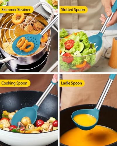 Silicone Cooking Utensil Set, 8Pcs Non-stick Cookware with Stainless Steel Handle, BPA Free Heat Resistant Kitchen Tools with Spatulas, Turners, Spoons, Skimmer and Pasta Fork