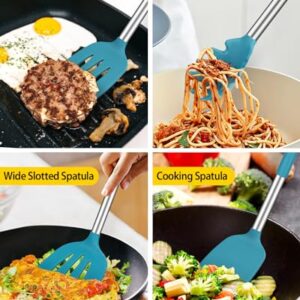 Silicone Cooking Utensil Set, 8Pcs Non-stick Cookware with Stainless Steel Handle, BPA Free Heat Resistant Kitchen Tools with Spatulas, Turners, Spoons, Skimmer and Pasta Fork