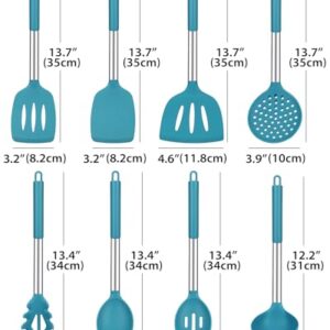 Silicone Cooking Utensil Set, 8Pcs Non-stick Cookware with Stainless Steel Handle, BPA Free Heat Resistant Kitchen Tools with Spatulas, Turners, Spoons, Skimmer and Pasta Fork