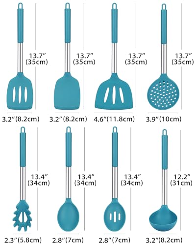 Silicone Cooking Utensil Set, 8Pcs Non-stick Cookware with Stainless Steel Handle, BPA Free Heat Resistant Kitchen Tools with Spatulas, Turners, Spoons, Skimmer and Pasta Fork