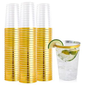 focusline 100 pack 12 oz gold rimmed plastic cups, 12 ounce clear tumblers, heavy-duty & fancy disposable hard plastic cups with gold rim for wedding elegant party