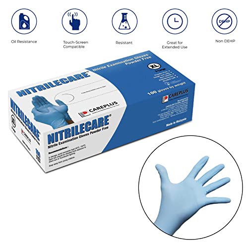 Care Plus NITRILECARE Blue Nitrile Exam Gloves, 100-Count S M L XL, 3 Mil, Clinic-Office-Daily, Medical, First-Aid, Clinics, Cooking, Cleaning, Puncture-Resistant (8FZ0003U)