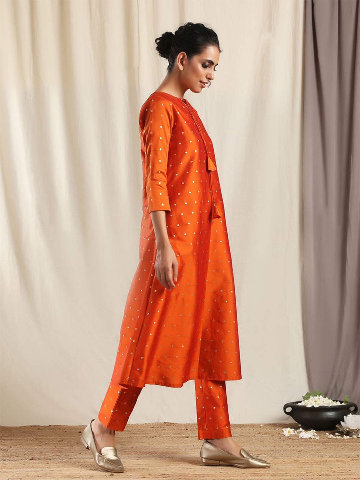 Indian Kurti for Womens With Pant | Art Silk Woven Kurta Kurtis Dress For Women Tops Tunic Orange