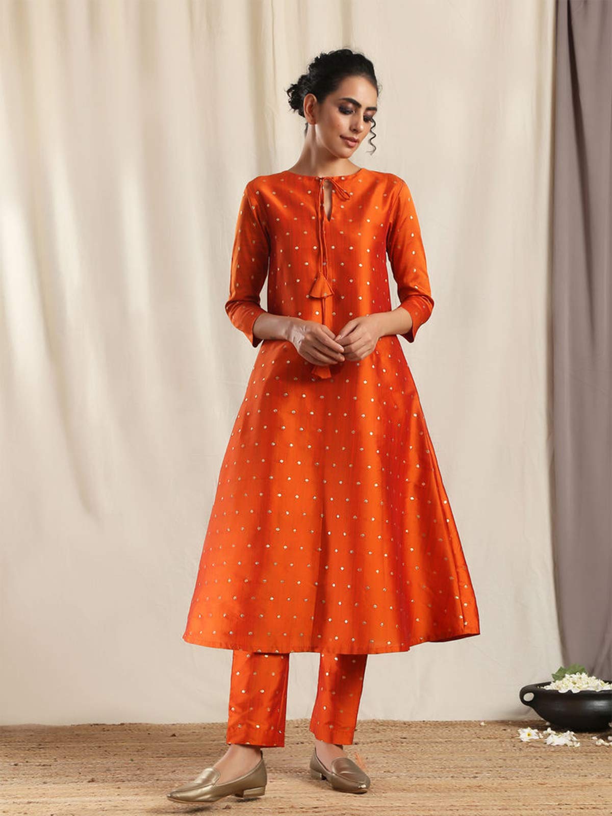 Indian Kurti for Womens With Pant | Art Silk Woven Kurta Kurtis Dress For Women Tops Tunic Orange