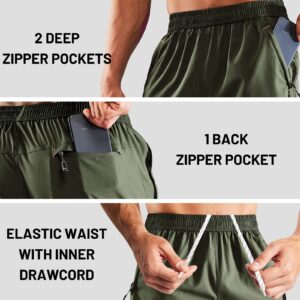 MIER Men's Quick Dry Running Shorts with Zipper Pocket, Elastic Waist Athletic Workout Exercise Fitness Shorts, 7 Inch, Army Green, X-Large