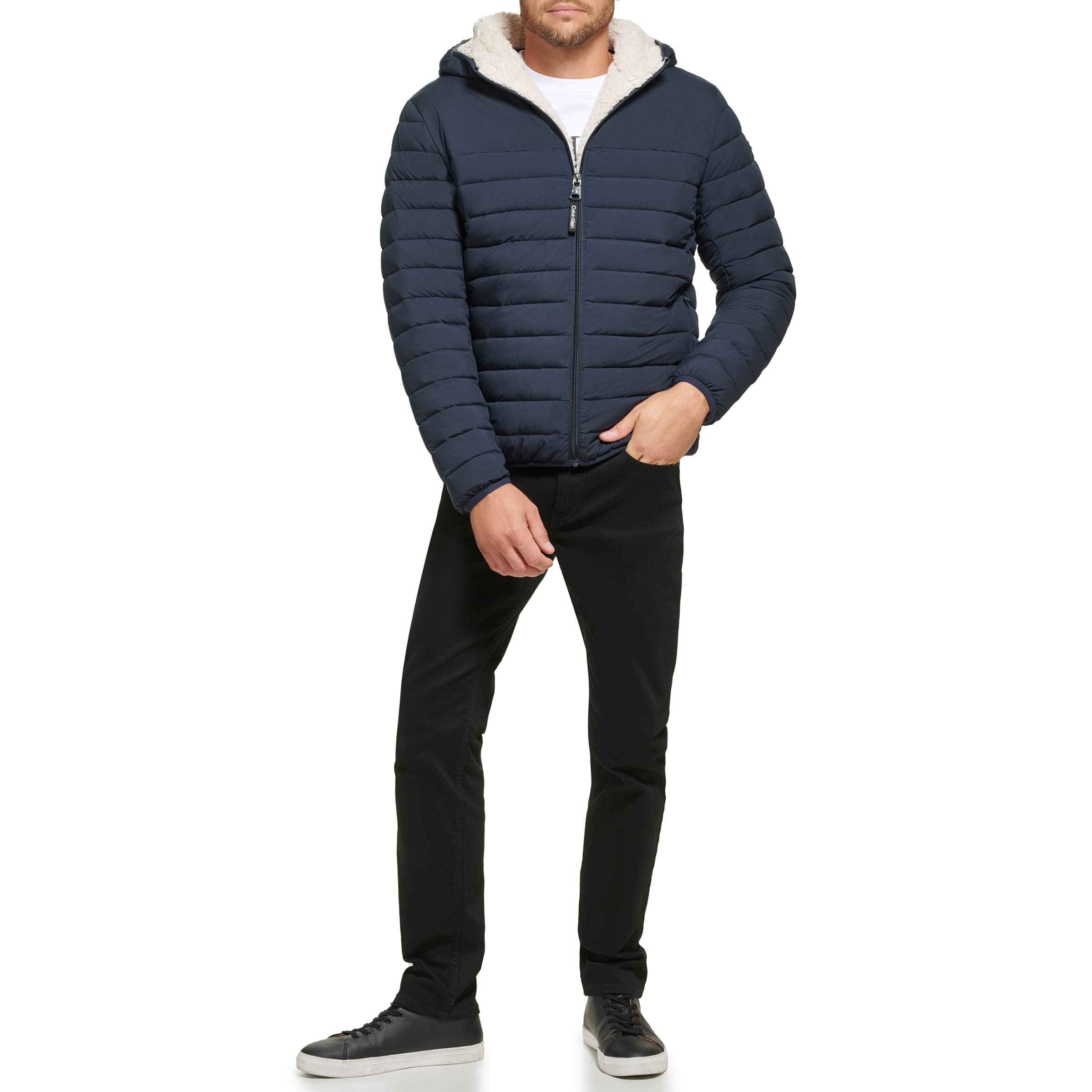 Calvin Klein Men's Hooded Down Jacket, Quilted Coat, Sherpa Lined, True Navy, Medium