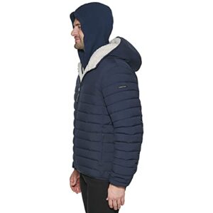 Calvin Klein Men's Hooded Down Jacket, Quilted Coat, Sherpa Lined, True Navy, Medium