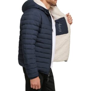 Calvin Klein Men's Hooded Down Jacket, Quilted Coat, Sherpa Lined, True Navy, Medium