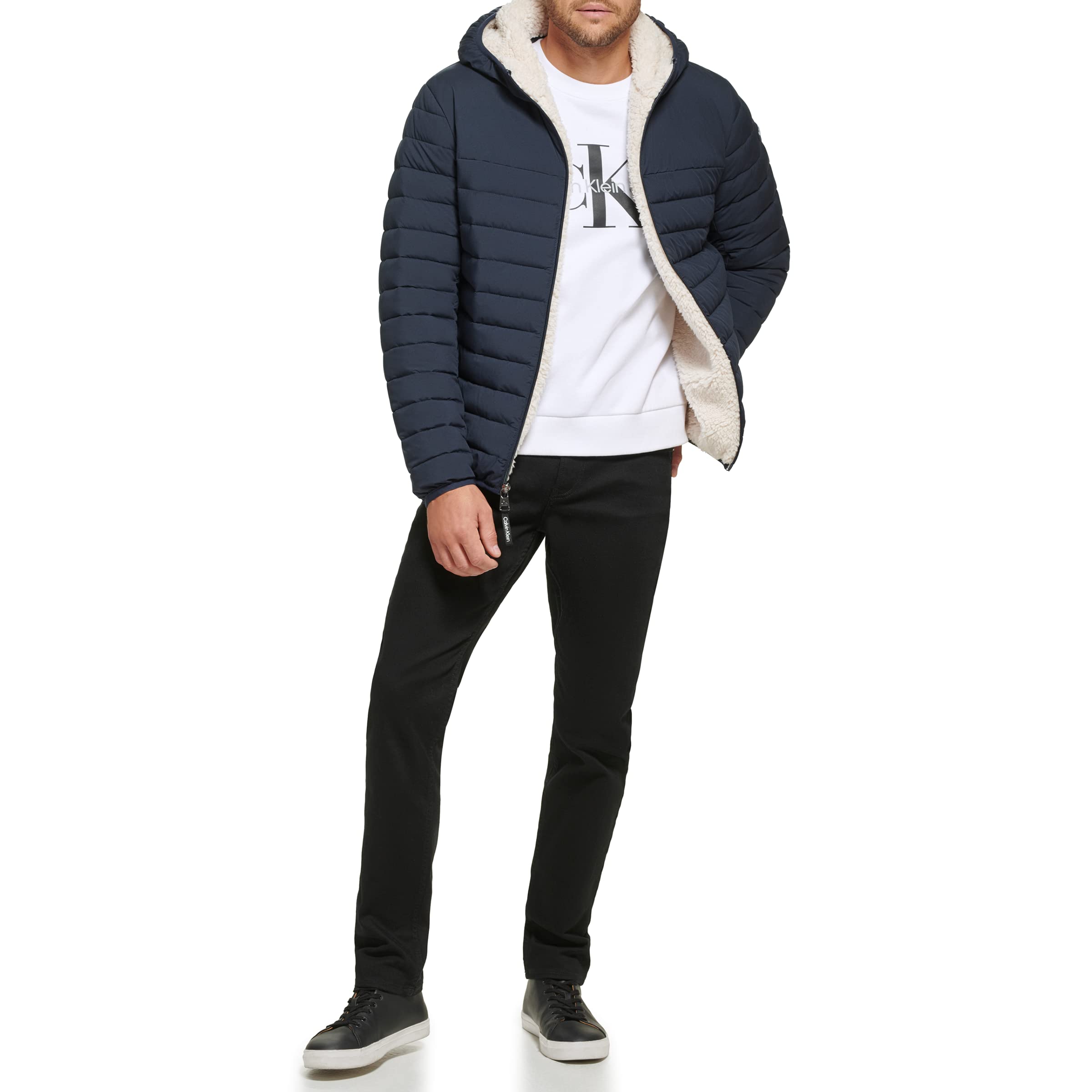 Calvin Klein Men's Hooded Down Jacket, Quilted Coat, Sherpa Lined, True Navy, Medium