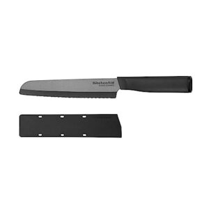 kitchenaid classic ceramic serrated bread knife with custom-fit blade cover, sharp kitchen knife, dishwasher-safe, 8-inch, black