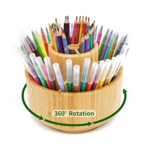 vaefae bamboo pen holder organizer, round rotating art supply organizer, hold 420 pencils, desktop storage for marker pens, colored pencil, art brushes, etc.