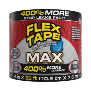 flex tape, max, 4 in x 25 ft, black, original thick flexible rubberized waterproof tape - seal and patch leaks, works underwater, indoor outdoor projects - home rv roof plumbing and pool repairs