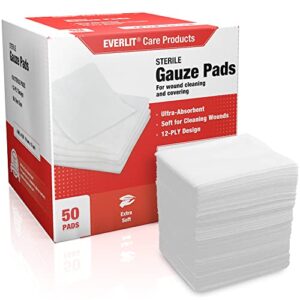 everlit [extra-thick] 4''x4'' sterile gauze pad 12-ply, 100 pack, individual wrapped, ultra absorbent large non-woven medical gauze sponges for wound care home first aid kit