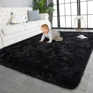 twinnis super soft shaggy rugs fluffy carpets, 5x8 feet, indoor modern plush area rugs for living room bedroom kids room nursery home decor, upgrade anti-skid rectangular fuzzy rug, black