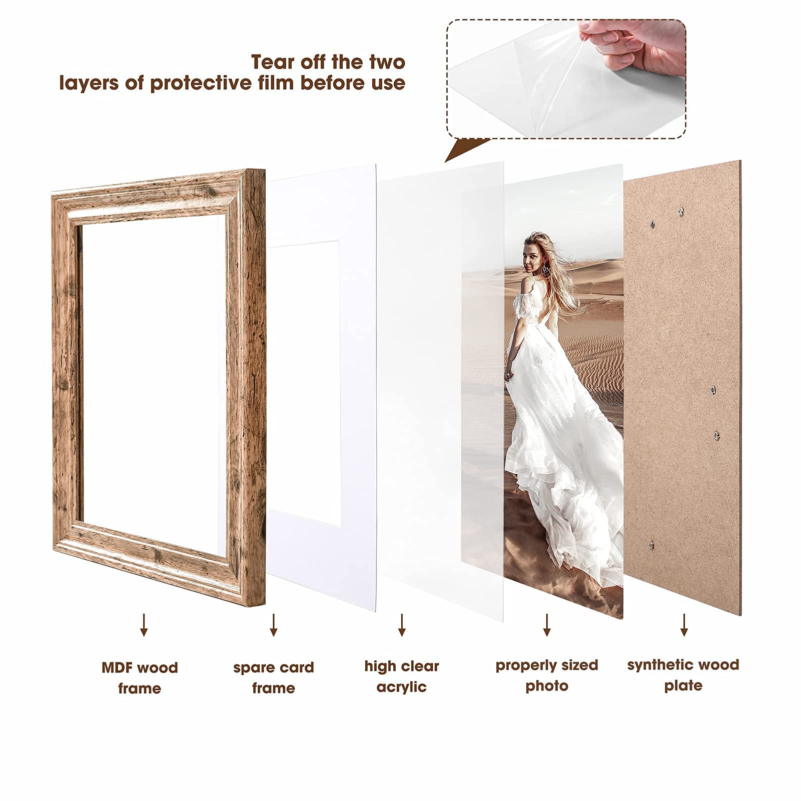 TWING 11x14 Picture Frames Set of 6, Rustic Walnut Photo Frames Display Pictures 8x10 with Mat or 11X14 Without Mat, Pre-Installed Wall Mount Vertically or Horizontally Photo Frames Poster Frames