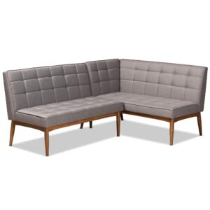 baxton studio sanford dining banquettes grey fabric upholstered and walnut brown finished wood 2-piece dining nook banquette set