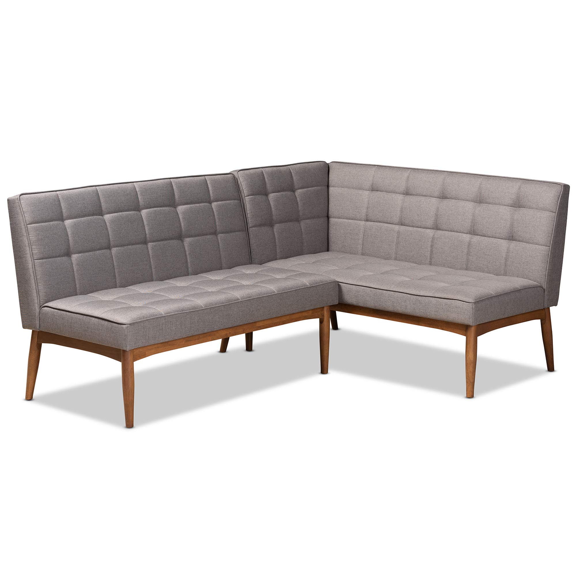 Baxton Studio Sanford Dining Banquettes Grey Fabric Upholstered and Walnut Brown Finished Wood 2-Piece Dining Nook Banquette Set