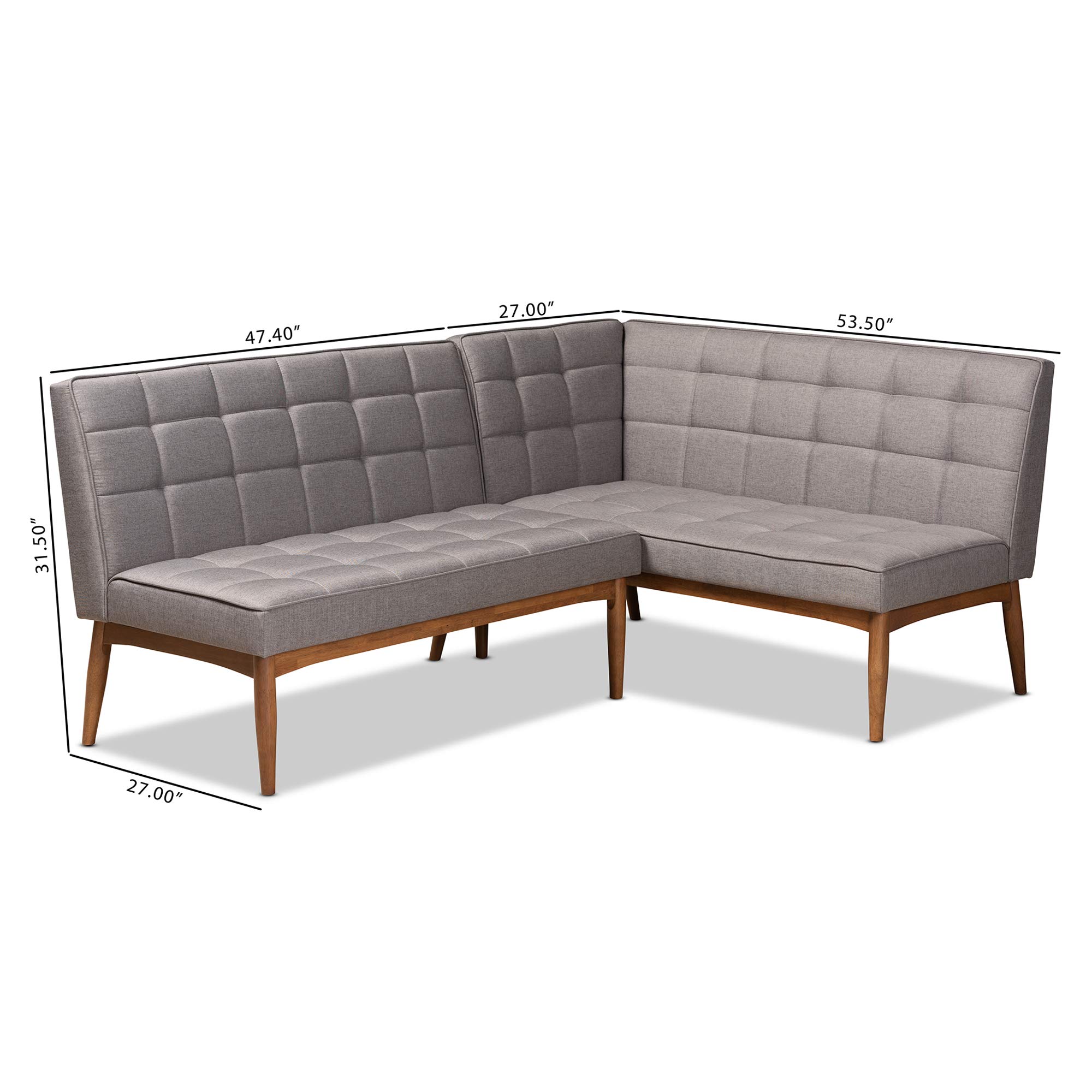 Baxton Studio Sanford Dining Banquettes Grey Fabric Upholstered and Walnut Brown Finished Wood 2-Piece Dining Nook Banquette Set