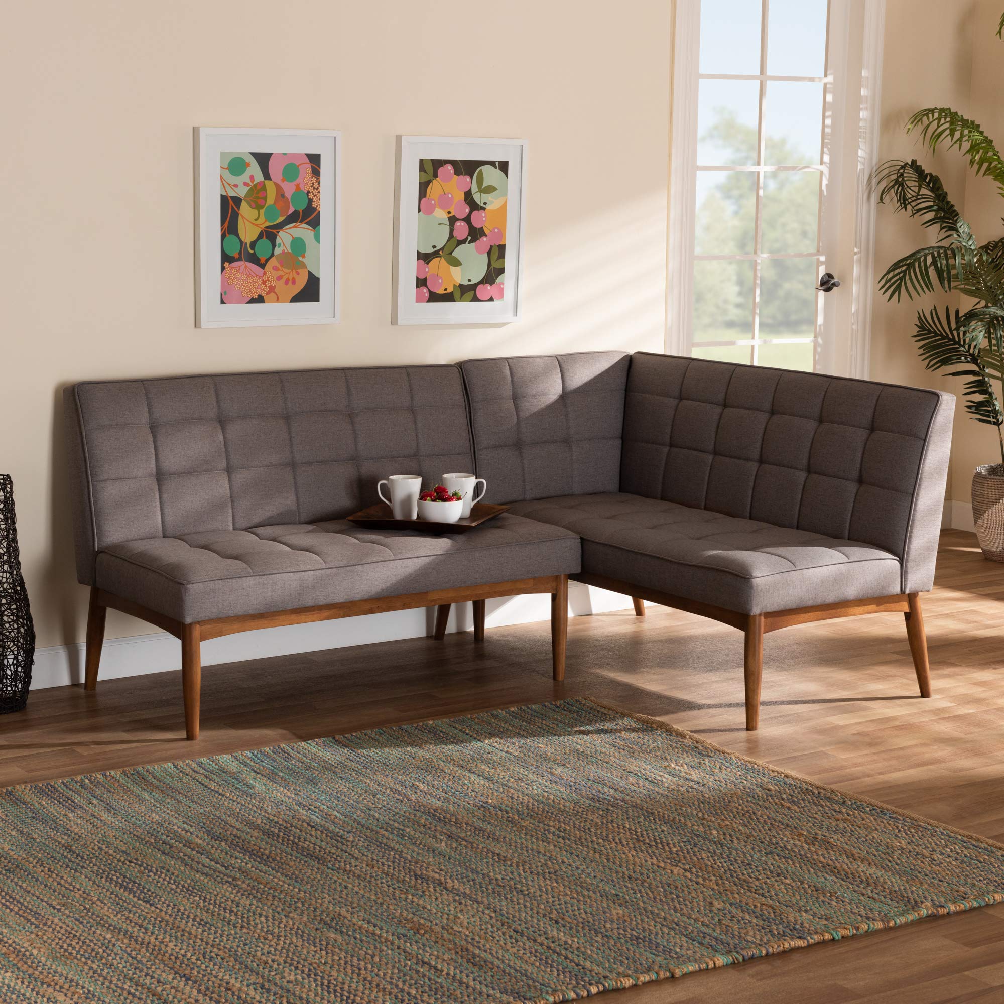 Baxton Studio Sanford Dining Banquettes Grey Fabric Upholstered and Walnut Brown Finished Wood 2-Piece Dining Nook Banquette Set