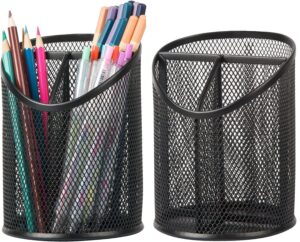 delifox 2 pack pen holder pen organizer for desk mesh round pencil holder desktop organizer 3 compartments pencil organizer desk organizer for office home school, black