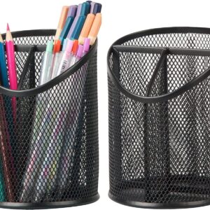 Delifox 2 Pack Pen Holder Pen Organizer for Desk Mesh Round Pencil Holder Desktop Organizer 3 Compartments Pencil Organizer Desk Organizer for Office Home School, Black