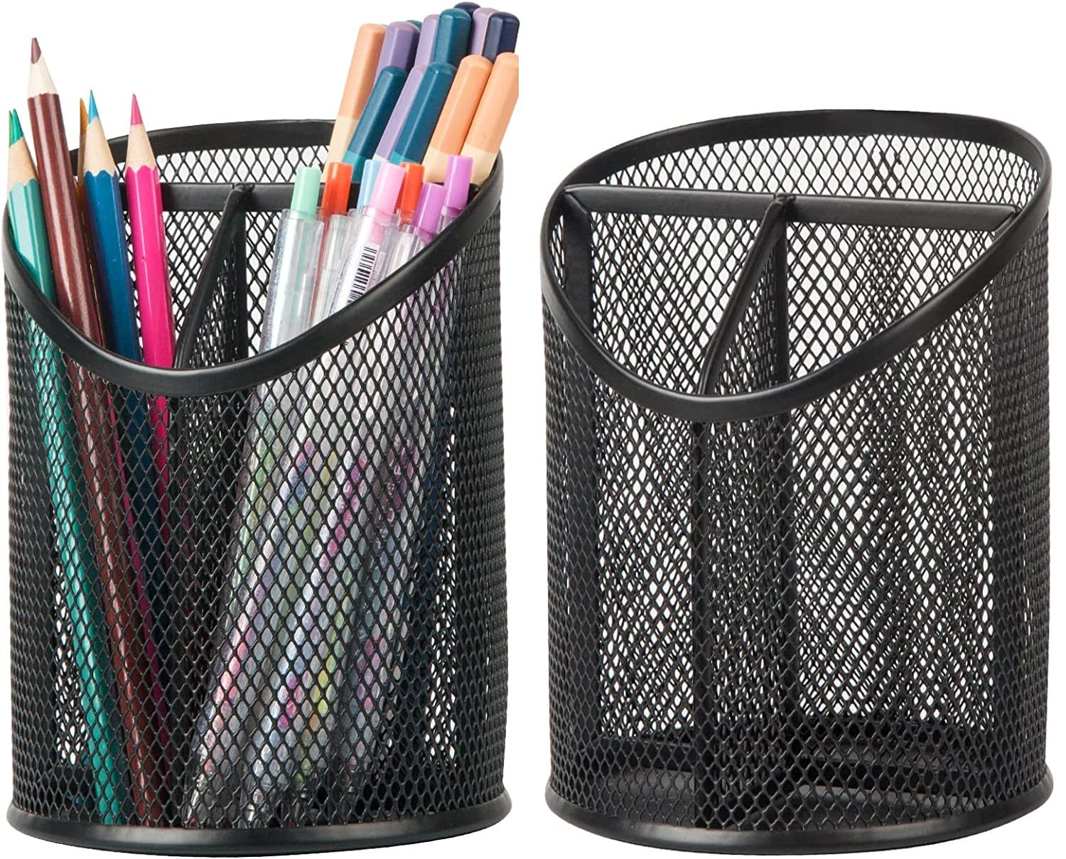 Delifox 2 Pack Pen Holder Pen Organizer for Desk Mesh Round Pencil Holder Desktop Organizer 3 Compartments Pencil Organizer Desk Organizer for Office Home School, Black