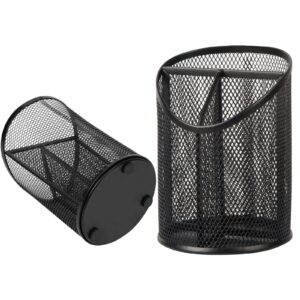 Delifox 2 Pack Pen Holder Pen Organizer for Desk Mesh Round Pencil Holder Desktop Organizer 3 Compartments Pencil Organizer Desk Organizer for Office Home School, Black